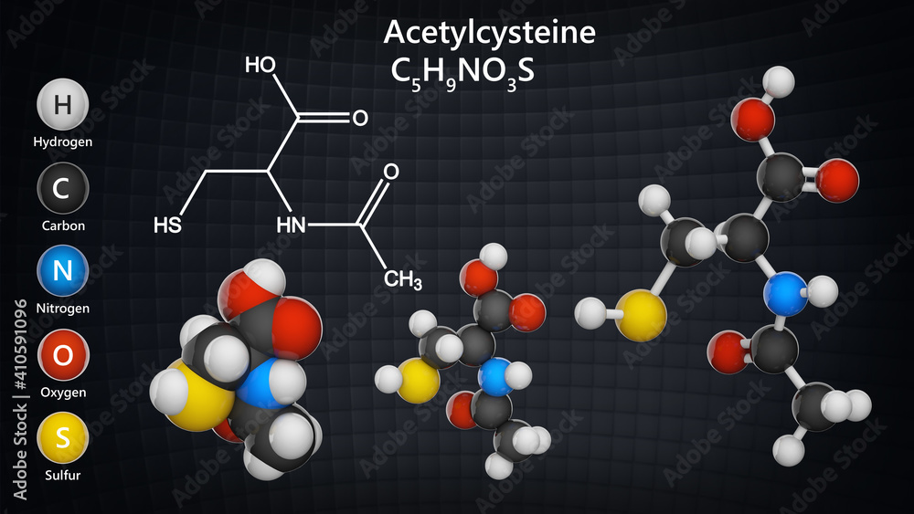 Molecular structure of Acetylcysteine(also known as N-acetylcysteine or ...