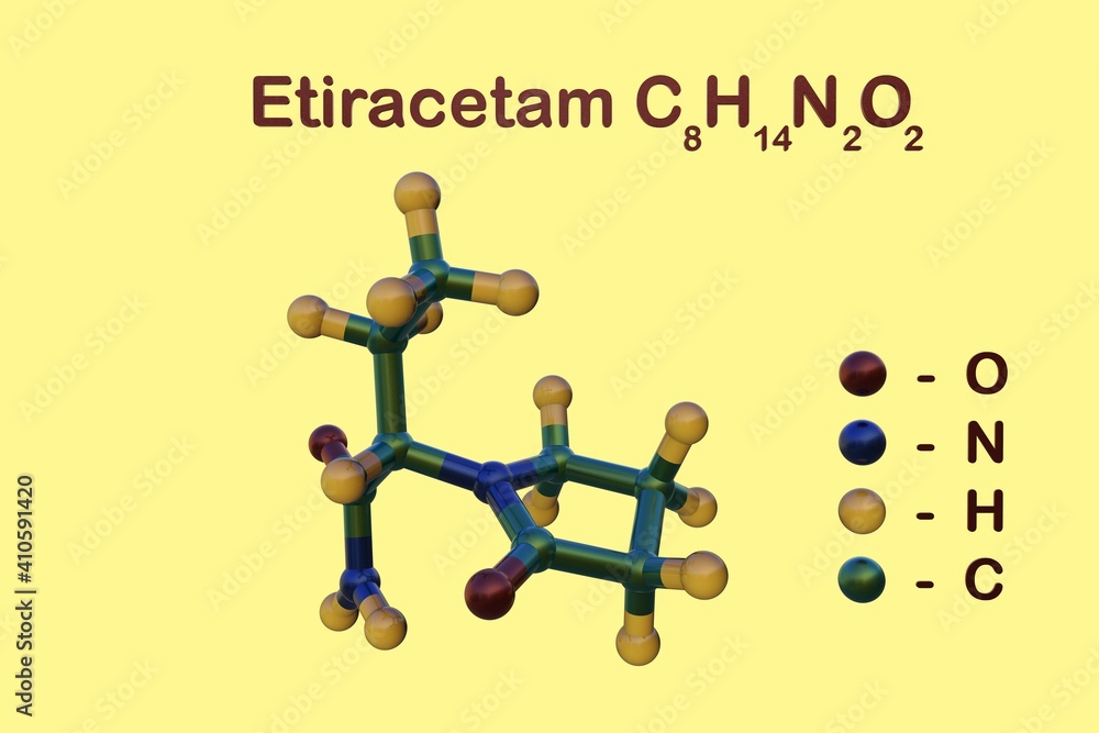 Structural chemical formula and molecular model of etiracetam, a ...