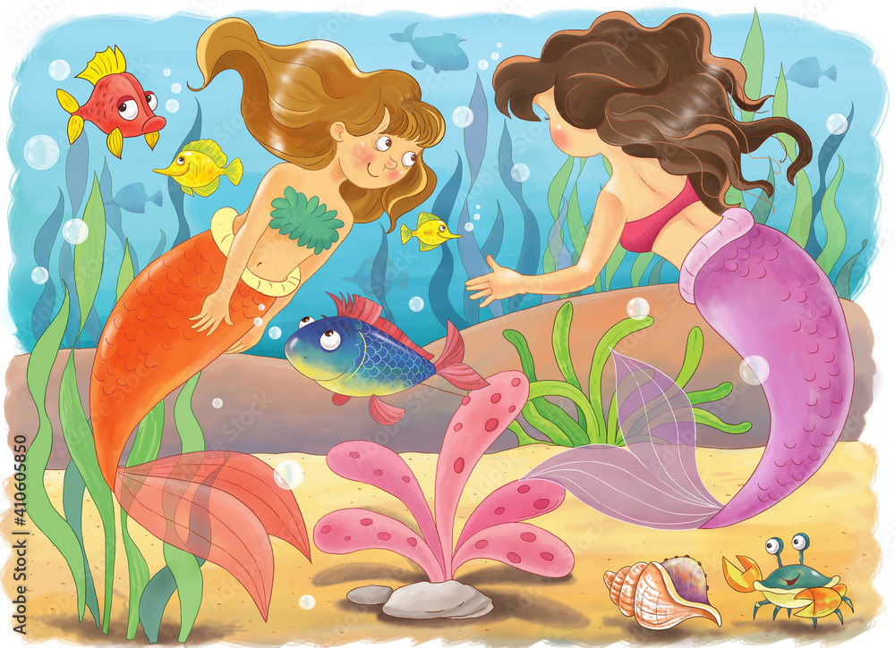 The little mermaid. Fairy tale. Coloring page. Illustration for ...