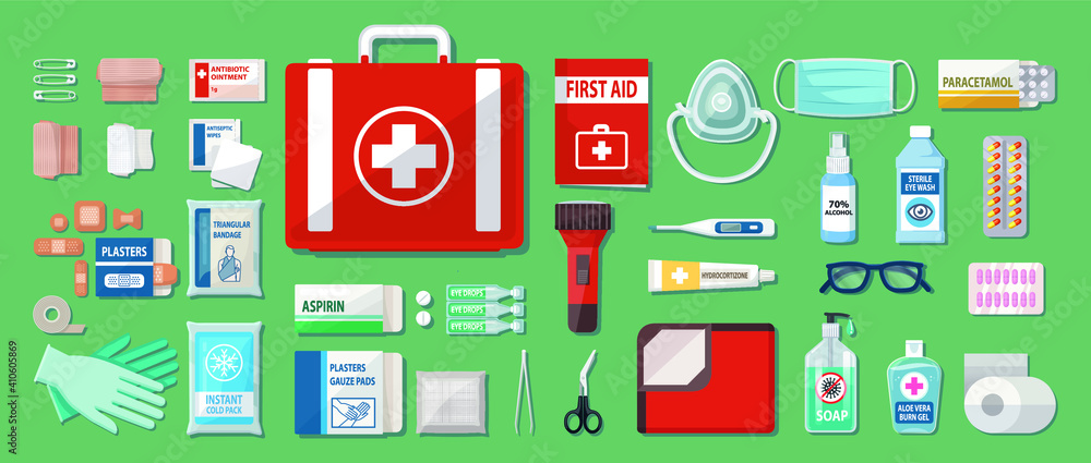 Complete First Aid Kit Set Box vector illustration. Stock Vector ...