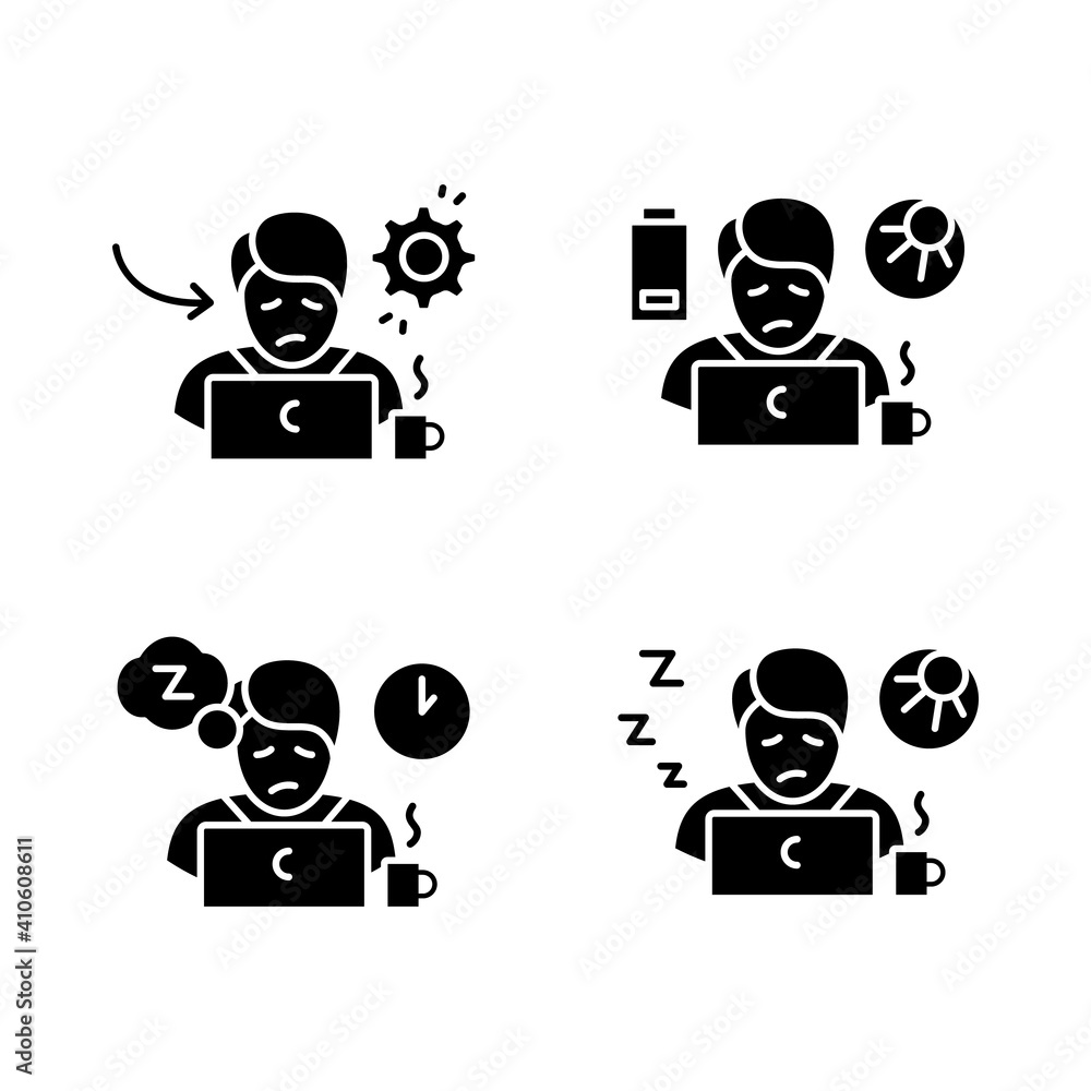 Sleep disorder glyph icons set. Healthy sleeping concept. Symptoms and ...