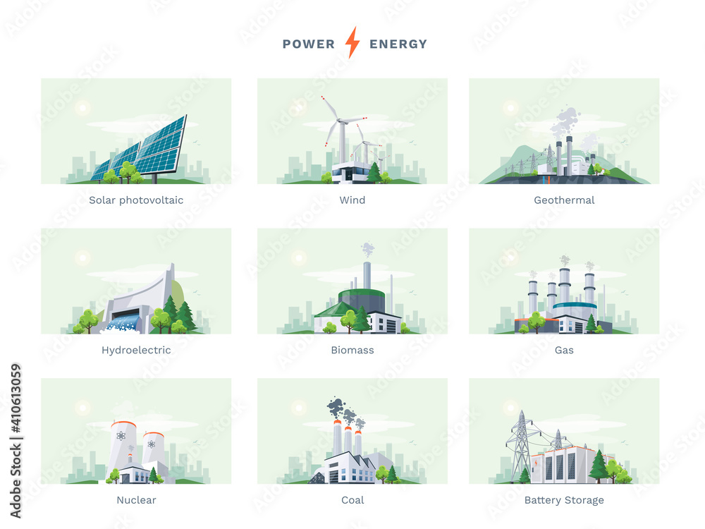 Electricity generation source types. Energy mix solar, water, fossil ...