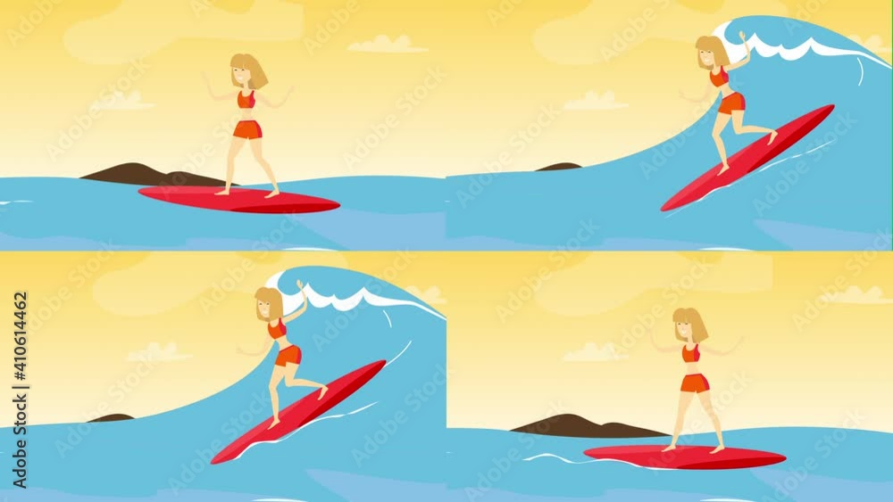 Cartoon surf girl with surfboard riding a wave in 4k video. Stock Video ...