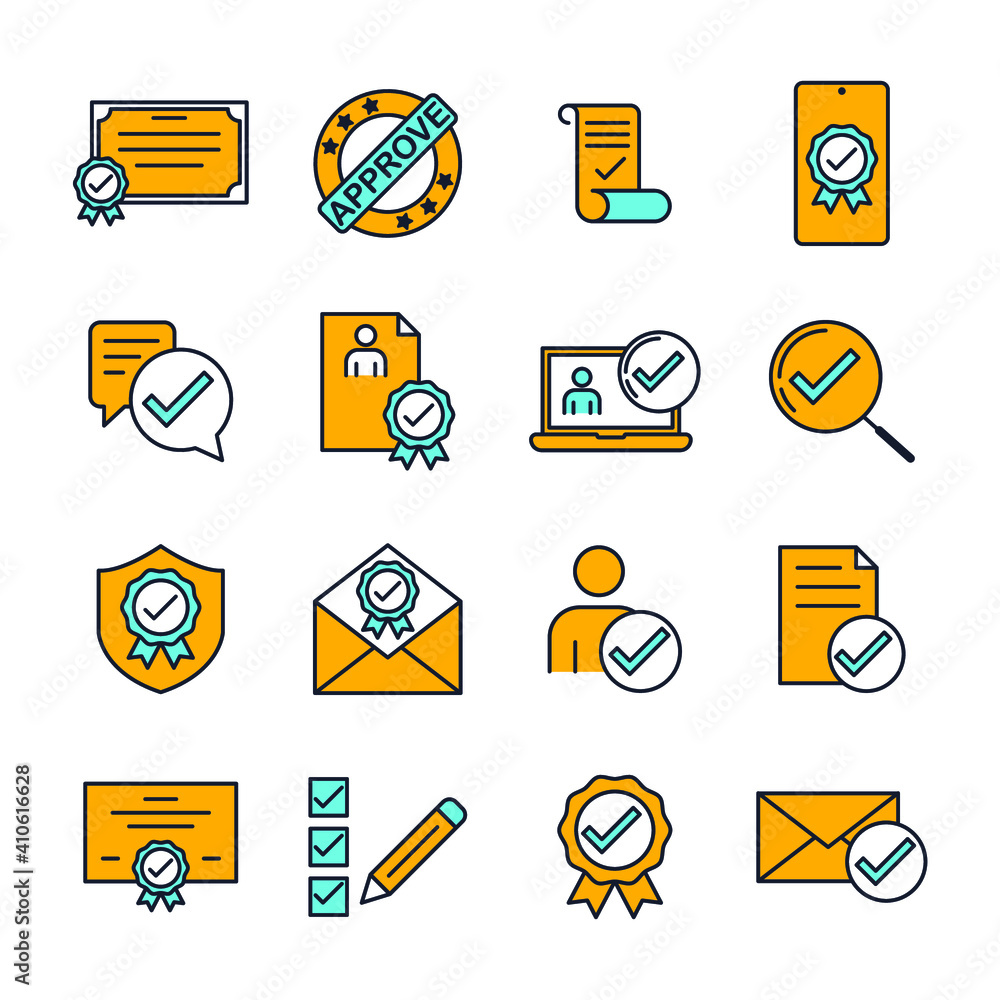 set icon approvement. accreditation icon. business quality check symbol ...