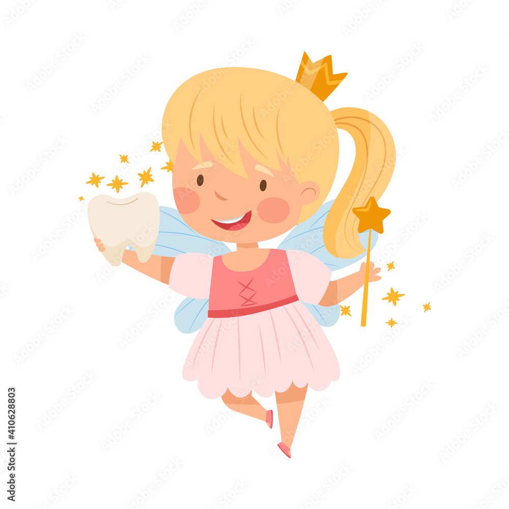 Cute Little Tooth Fairy with First Baby Tooth and Wand Vector ...