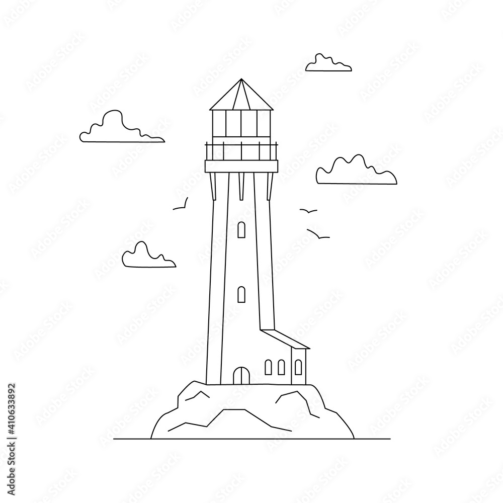 Line art vector of lighthouse building with natural landscape, path ...