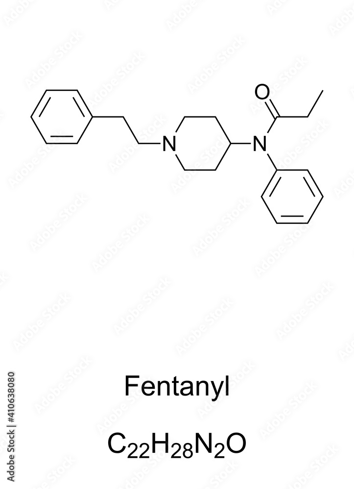 Fentanyl, chemical formula and skeletal structure. Most used synthetic ...