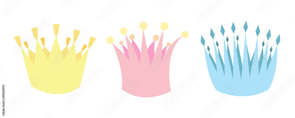 Set of cute crowns in three different colors yellow, pink and blue in ...