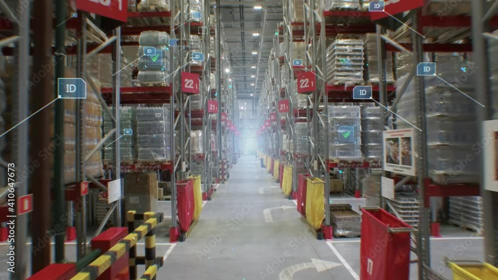 Concept of automation and digitalization of warehouse. A fly-through of ...