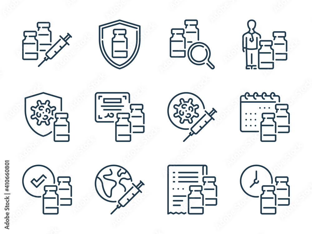 Vaccine and Vaccination related vector line icons. Vaccine dose and ...