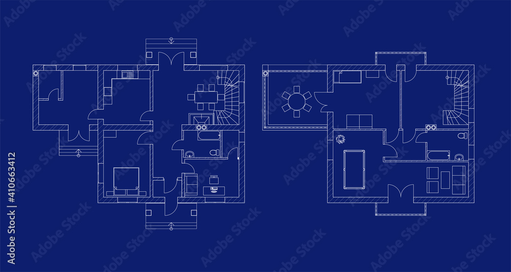 Blueprints floor plans of a suburban house. Vector Illustration. Stock ...