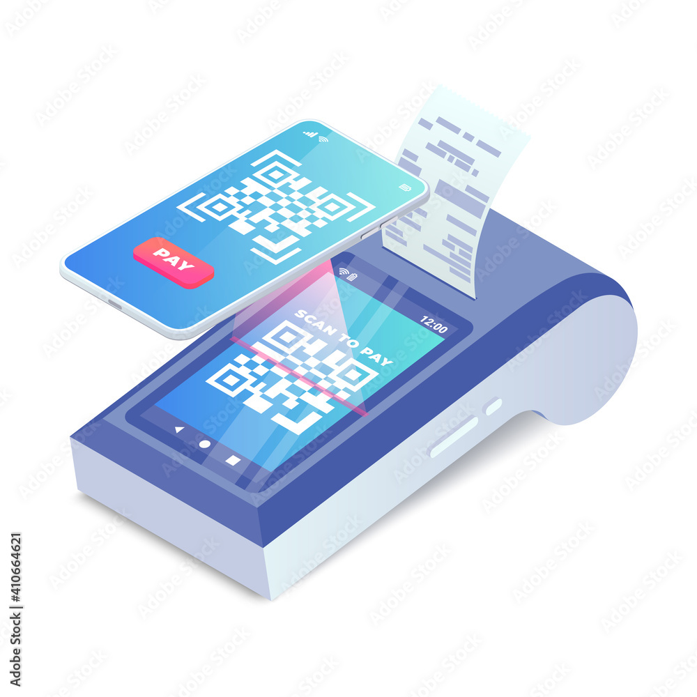 Isometric Cashless Payment machine with qr code on screen, smartphone ...