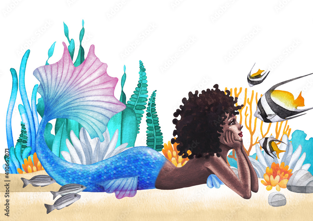 Watercolor african mermaid lies at the ocean sandy bottom among the ...