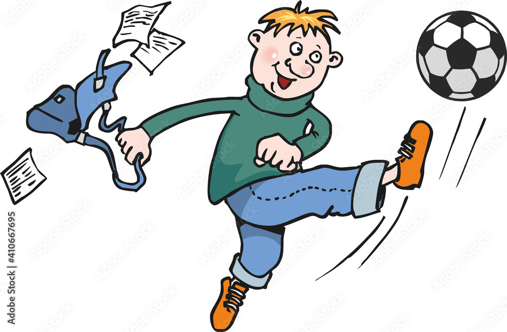 A truant boy kicks a soccer ball. The slacker scattered sheets of paper ...
