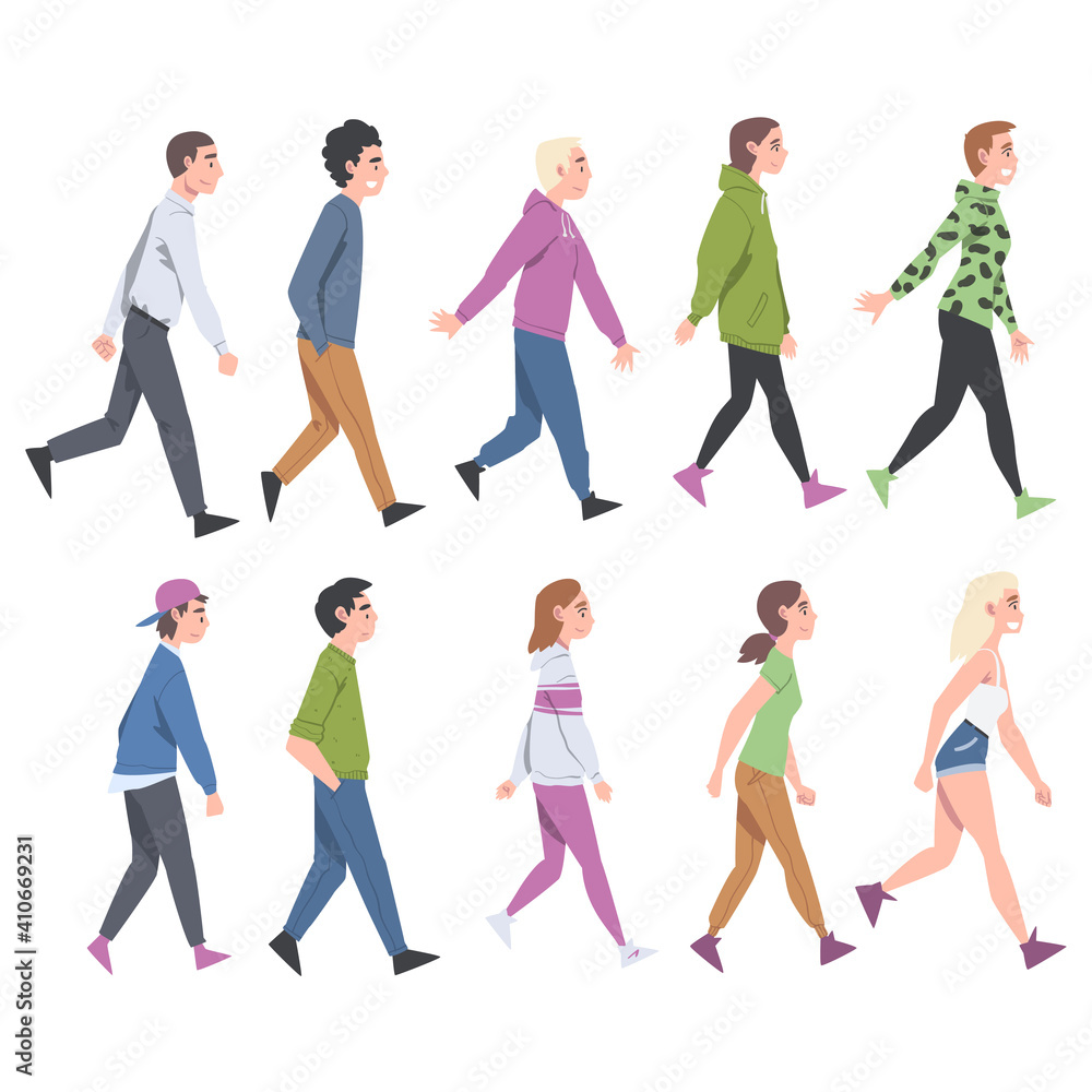 People Characters Going and Walking with Different Gait Side View ...