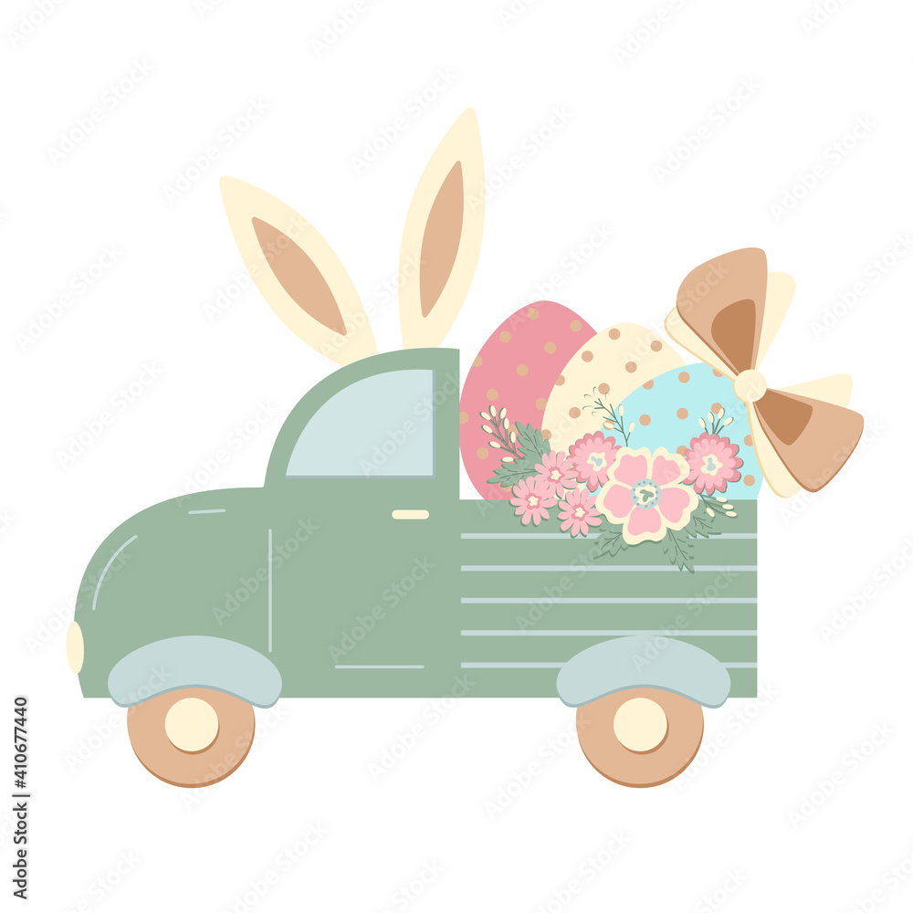 Easter car. With painted eggs in the back and a bow. Hare ears on the ...