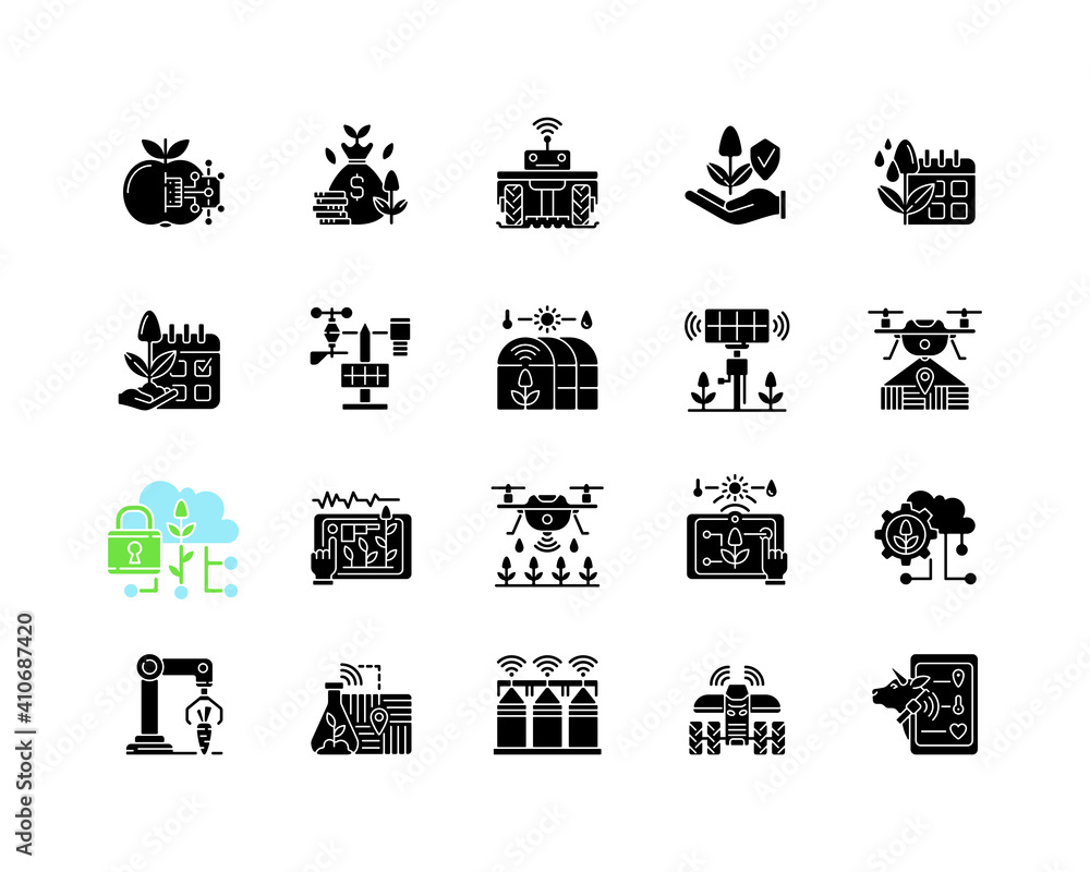 Smart farm system black glyph icons set on white space. Innovation ...