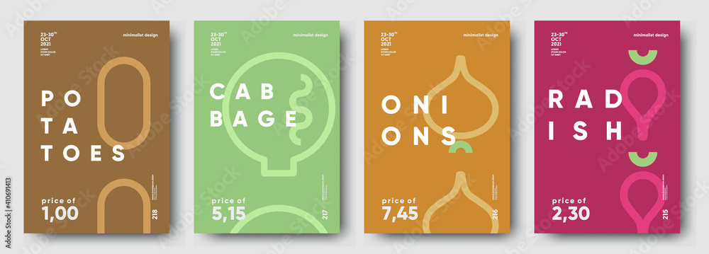 Potatoes, Cabbage, Onions, Radish. Price tag, label or poster. Set of ...