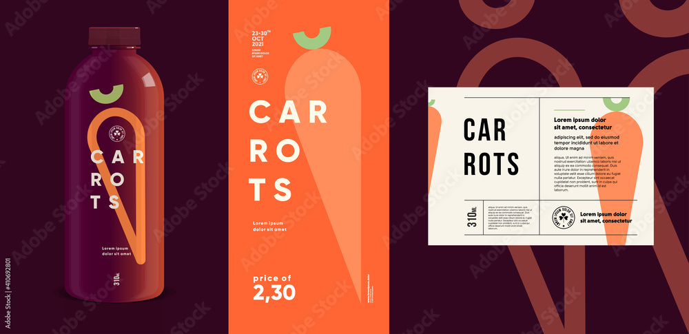 Carrots. Flat vector illustration. Price tag, label, packaging and ...