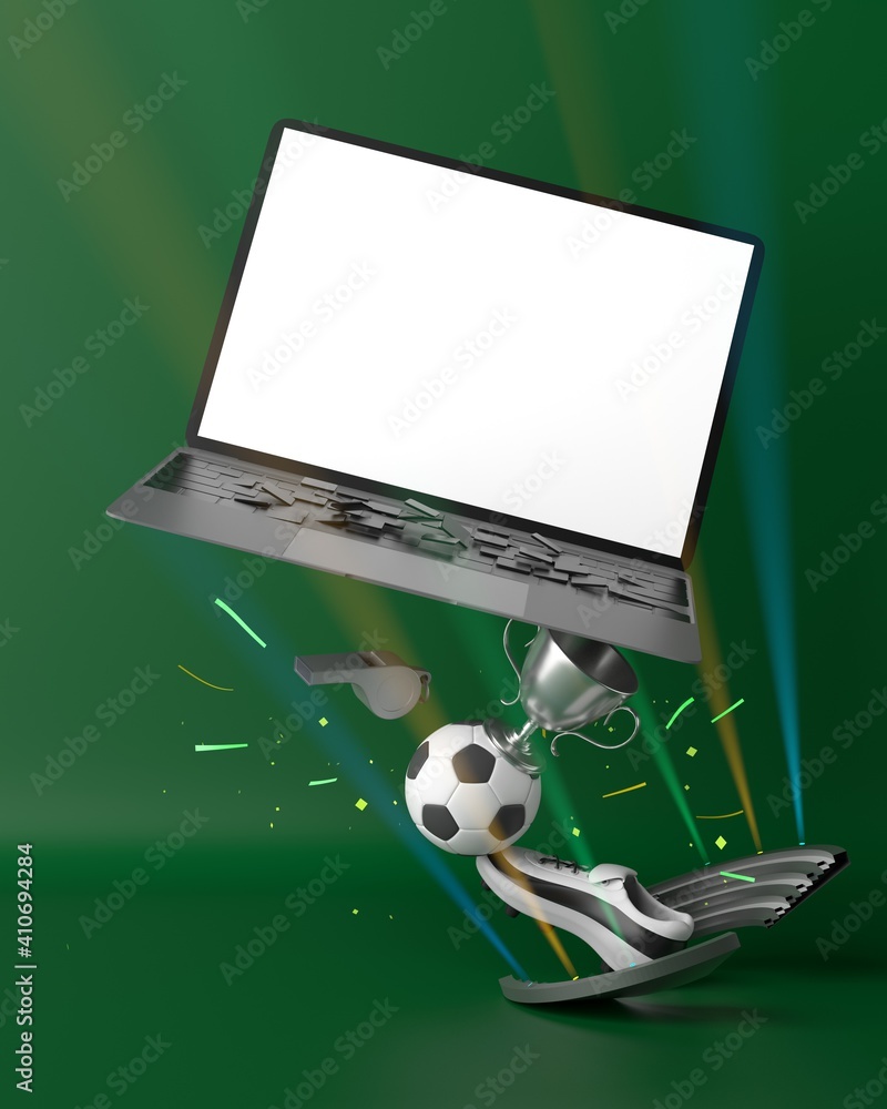 football concept with white screen laptop template mockup. 3d ...