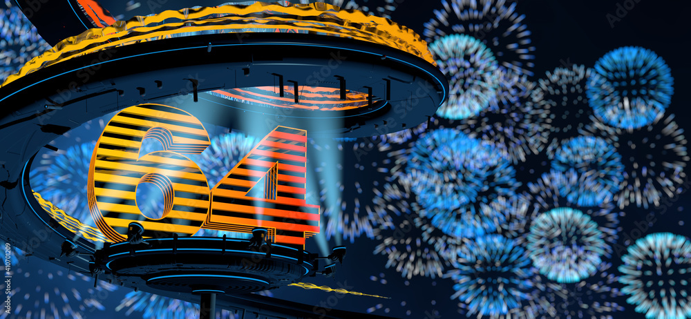 Number 64 formed by a yellow structure on a round metal platform ...