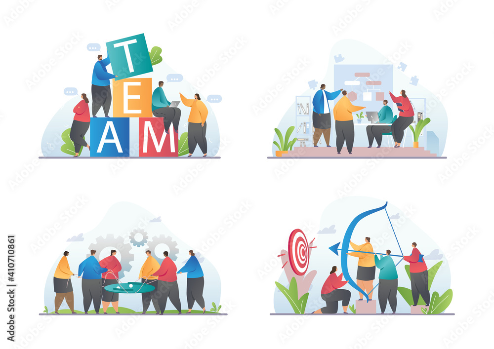 Collection of teamwork illustrations. Multiethnic group of people ...