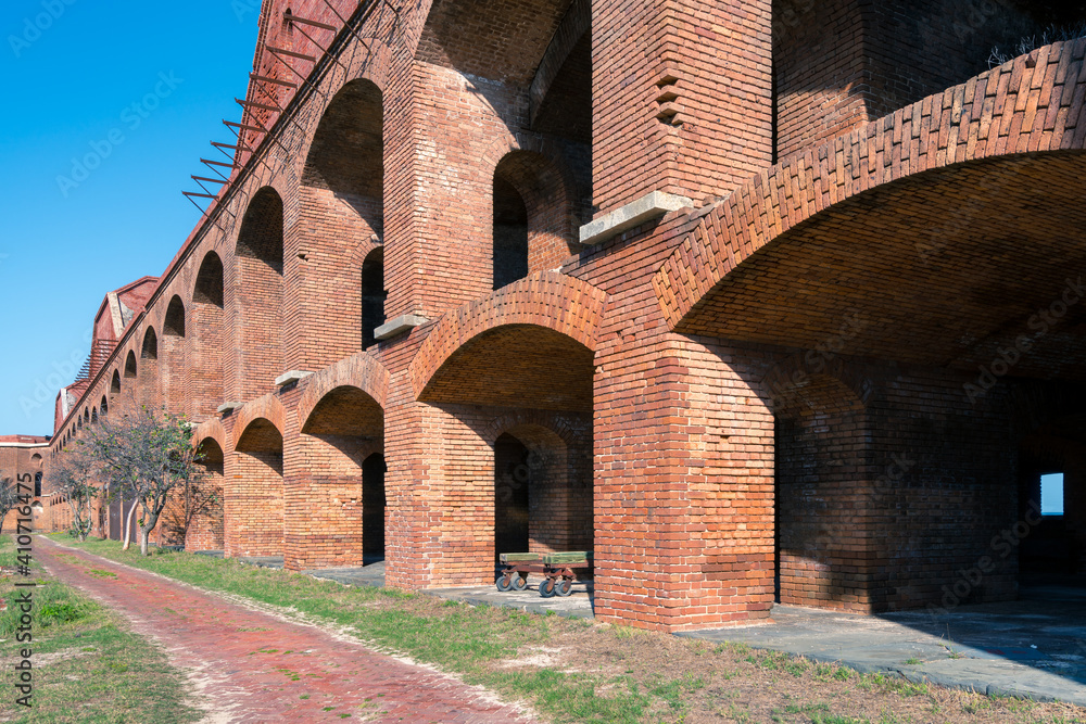 Archway of an old military fort in Florida. Large brick construction ...