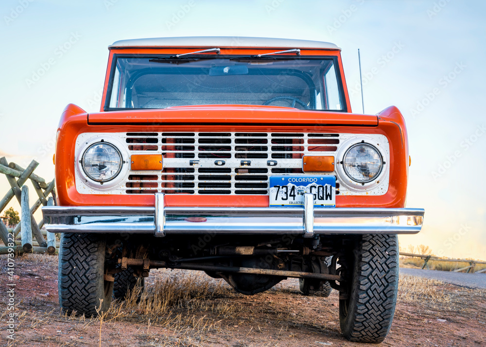 Vintage, first generation, Ford Bronco ranger wagon parked on a rural ...