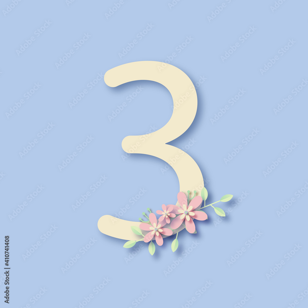 Flower numbers decorated with flowers Elegant numbers 3 with botanical ...