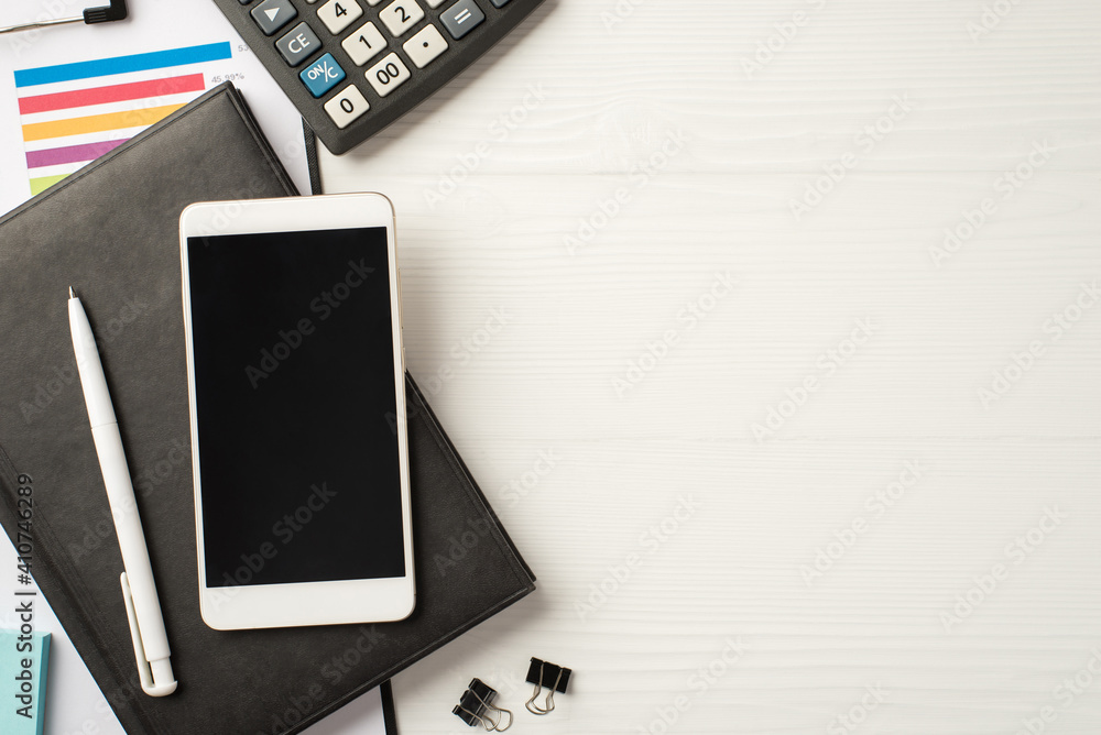 Accountant bookkeeper workplace concept. Top close up view photo of ...