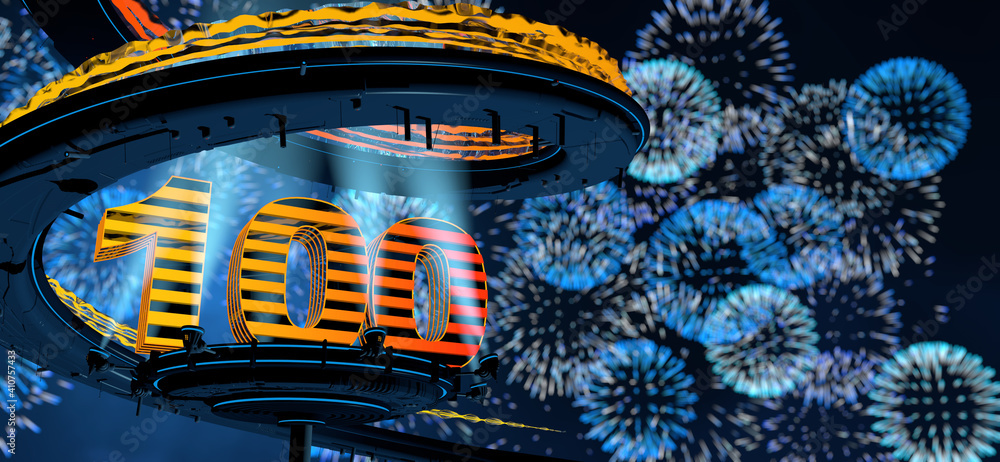 Number 100 formed by a yellow structure on a round metal platform ...
