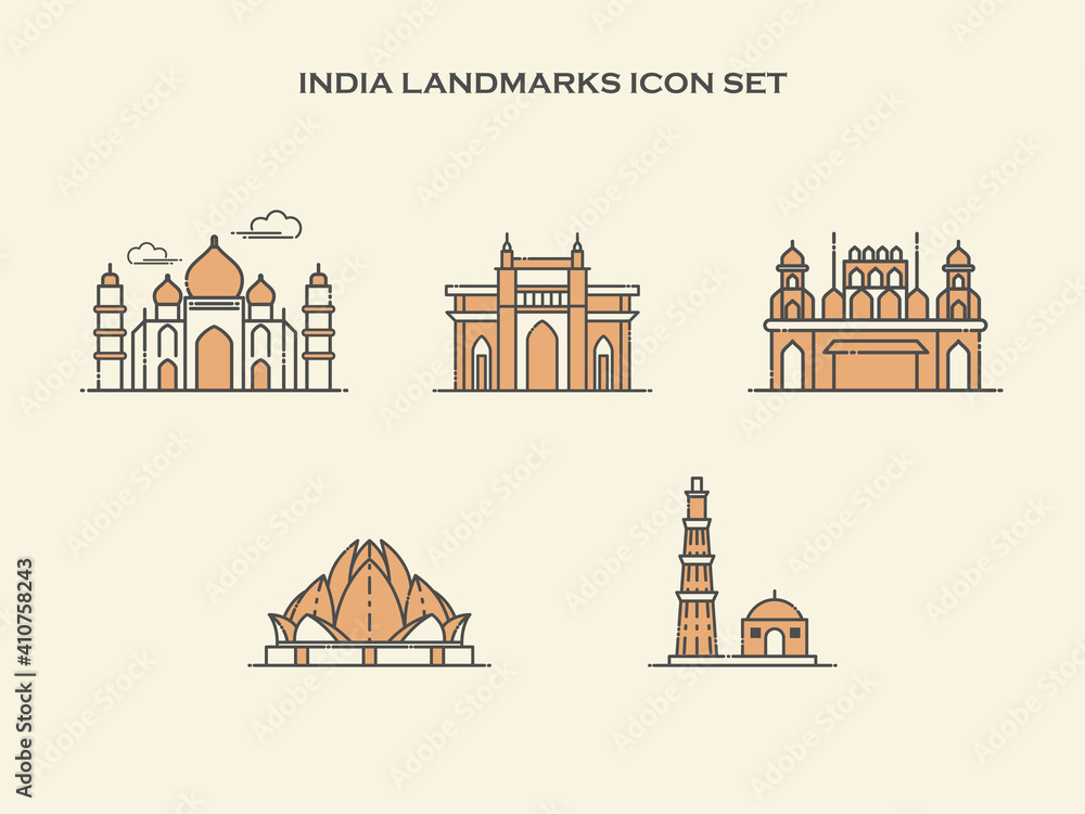 India Landmarks Outline Icon Set - Landmarks Building Icon - Landmarks ...
