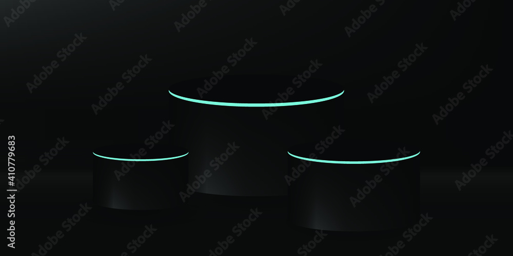 Black three-level podium with a blue luminous strip on a black ...