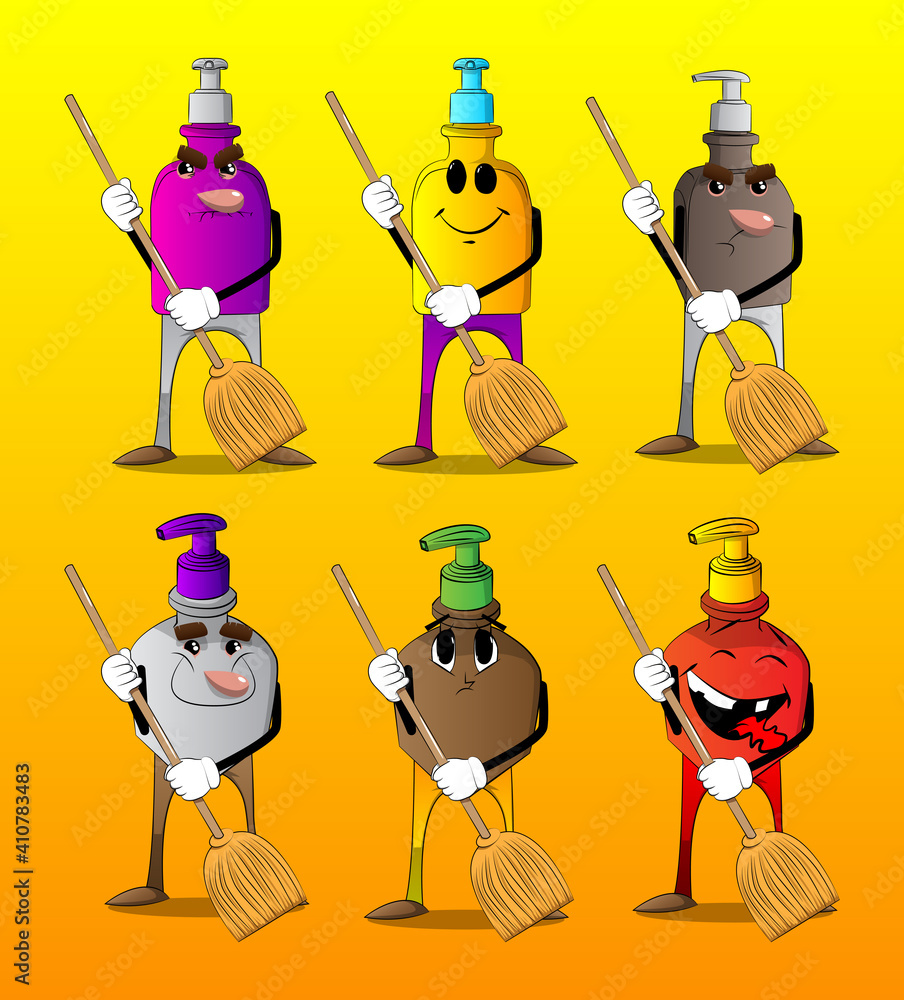 Cartoon bottle of hand sanitizer gel for hygiene with face holding a ...