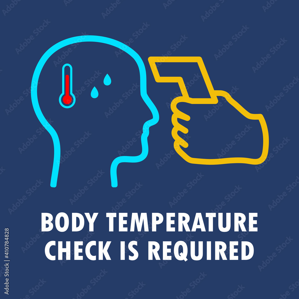 Fever check vector line illustration. Body temperature check required ...