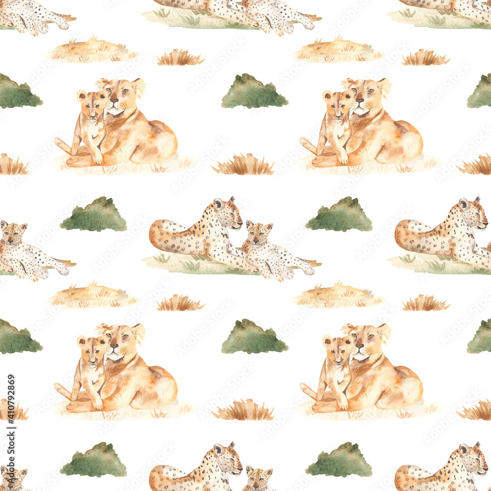Watercolor seamless pattern mom and baby lions and leopards in the ...