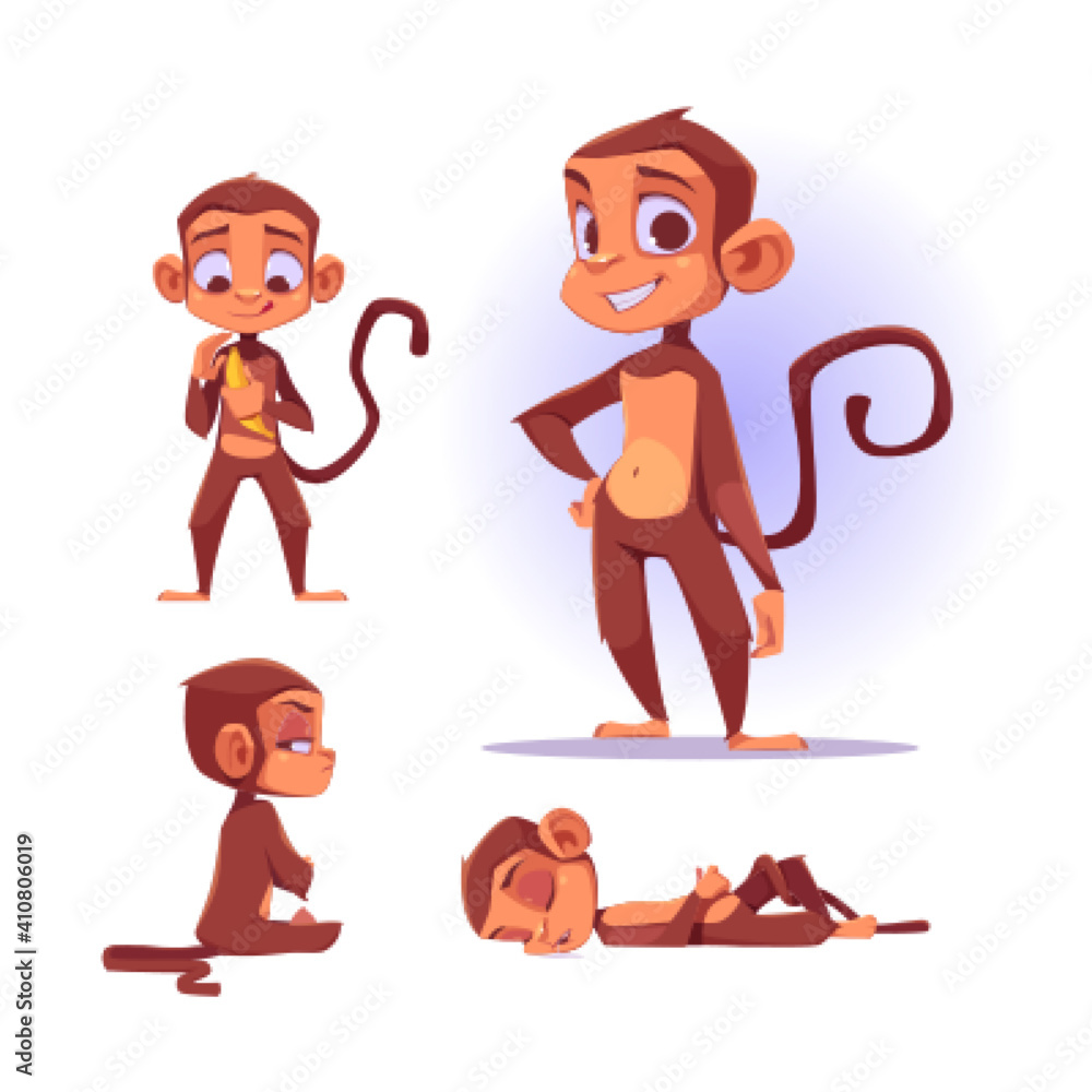 Cute monkey character in different poses. Vector set of cartoon chat ...