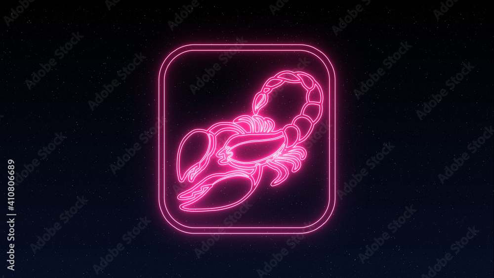 The Scorpio zodiac symbol, horoscope sign in neon style on night star ...