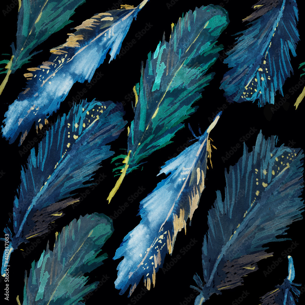 Watercolor hand drawn pattern with plumes on black background. Designed ...