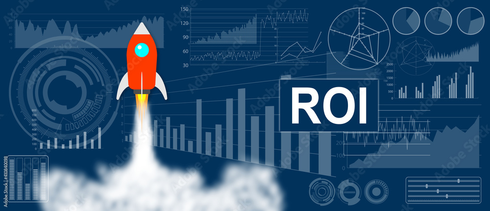 Concept of ROI with a rocket launch on charts background Stock ...