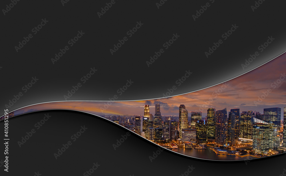 City skyline in a curve line on black background with space for text ...