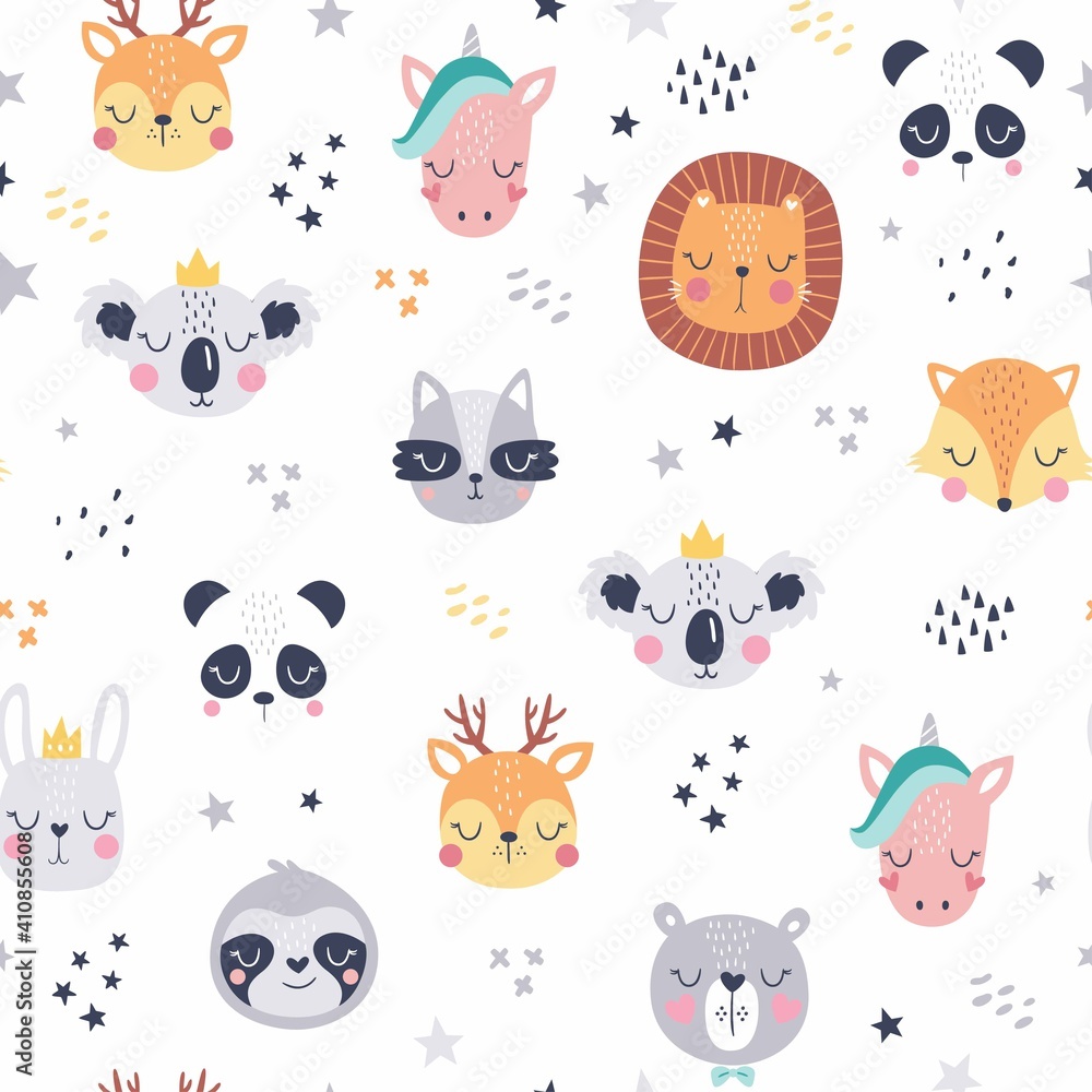 Cartoon cute animal faces. Cute animals vector pattern. Creative ...