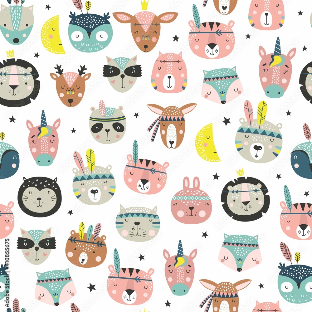 Cartoon cute animal tribal faces. Boho cute animals vector pattern ...