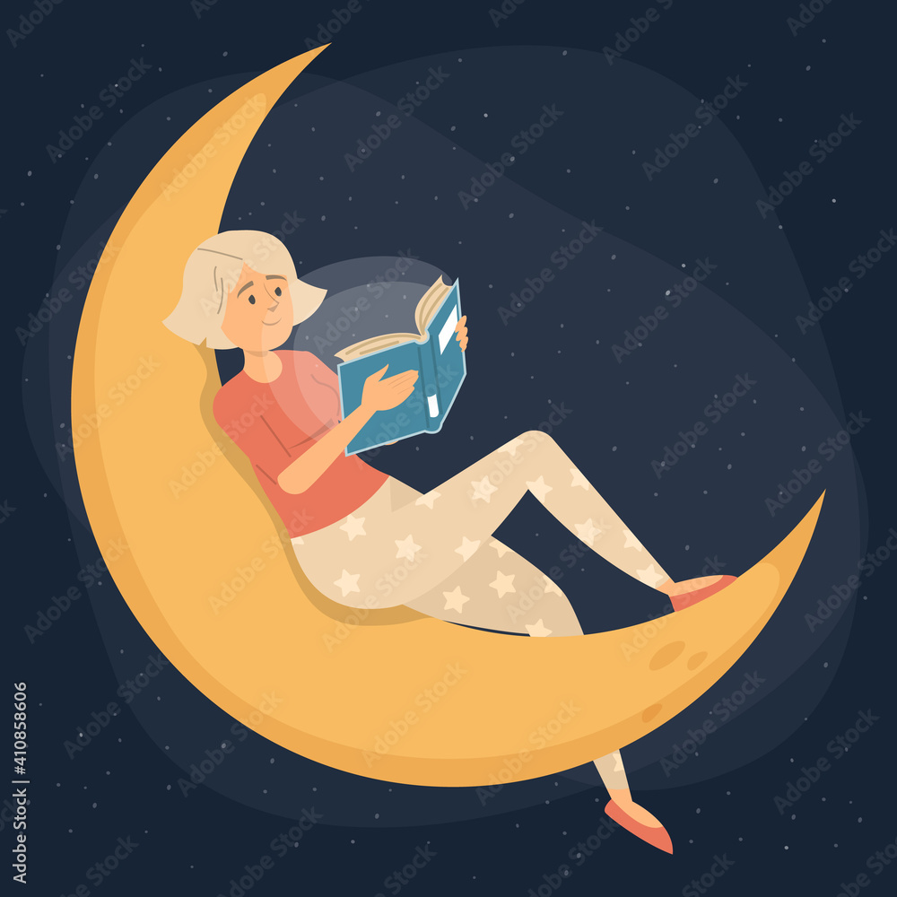 Woman in pajamas reading interesting book at night. Female character ...
