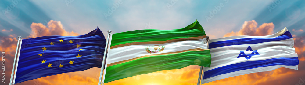 European Union Flag and Israel flag and Old African Union Flag waving ...