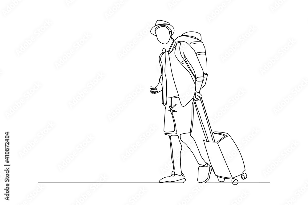 Continuous line drawing of traveler man with luggage. Single one line ...