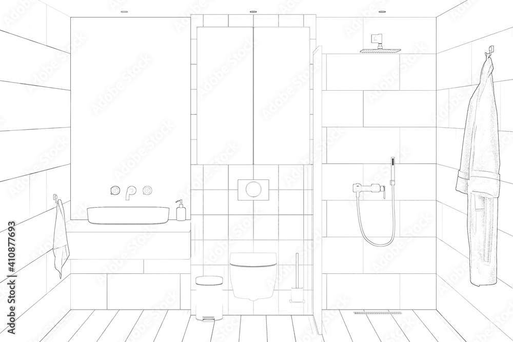 Sketch of the bathroom with a large rectangular mirror over a washbasin ...