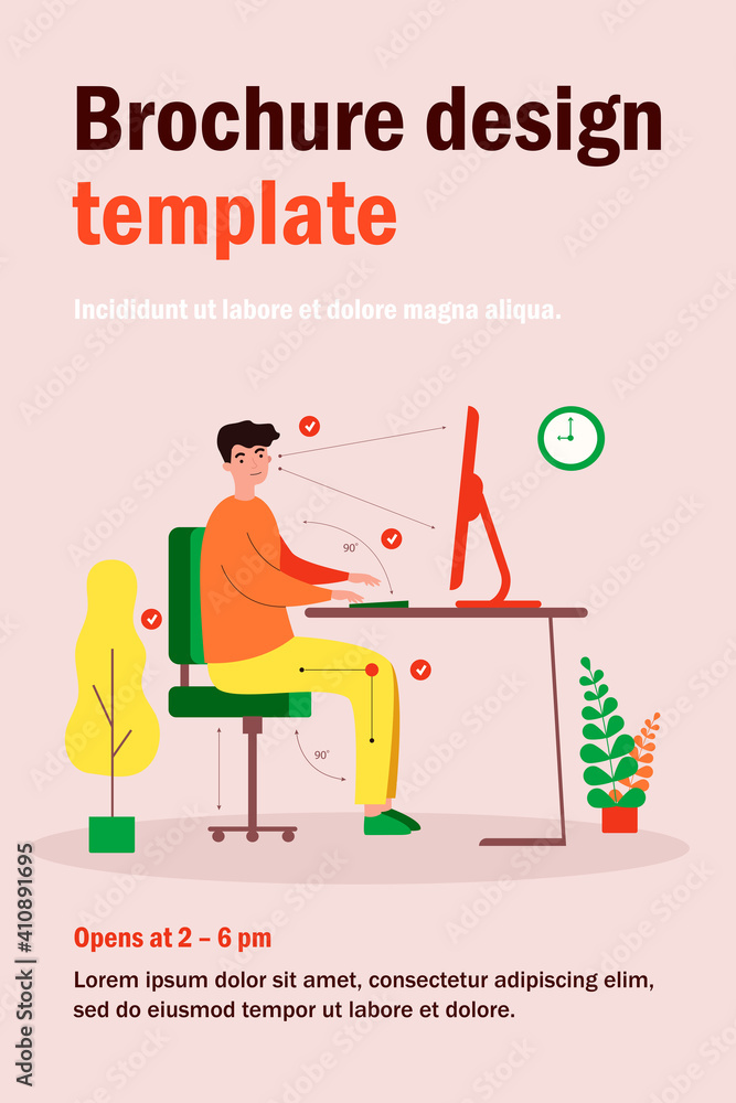 Man sitting at desk in correct position flat vector illustration ...