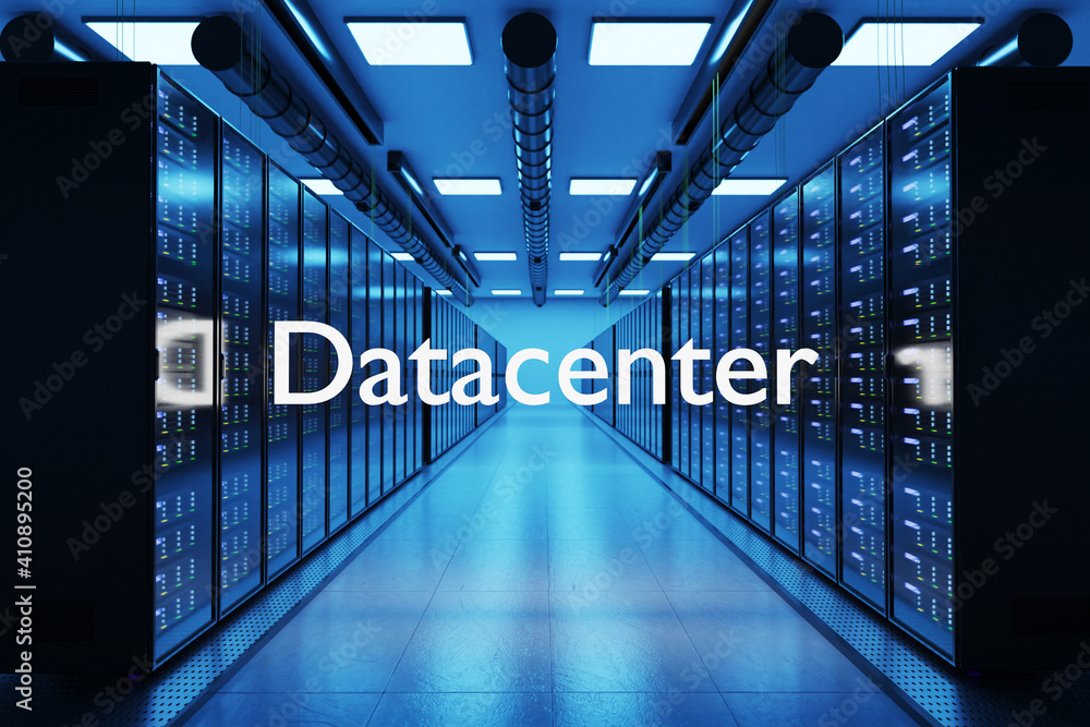 datacenter logo in large modern data center with multiple rows of ...