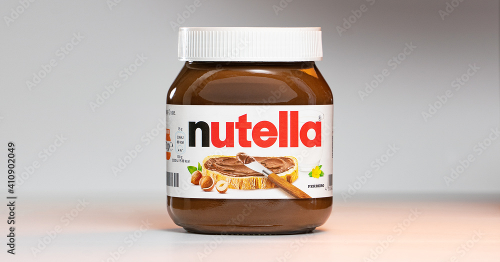 Pot of Nutella, the popular brand name of a sweetened hazelnut cocoa ...